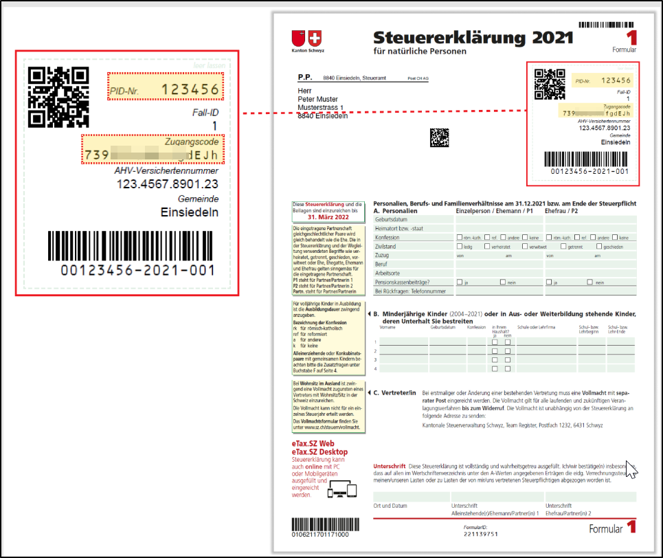 PID-Nr und Zugangscode finden / beantragen – eTax Schwyz